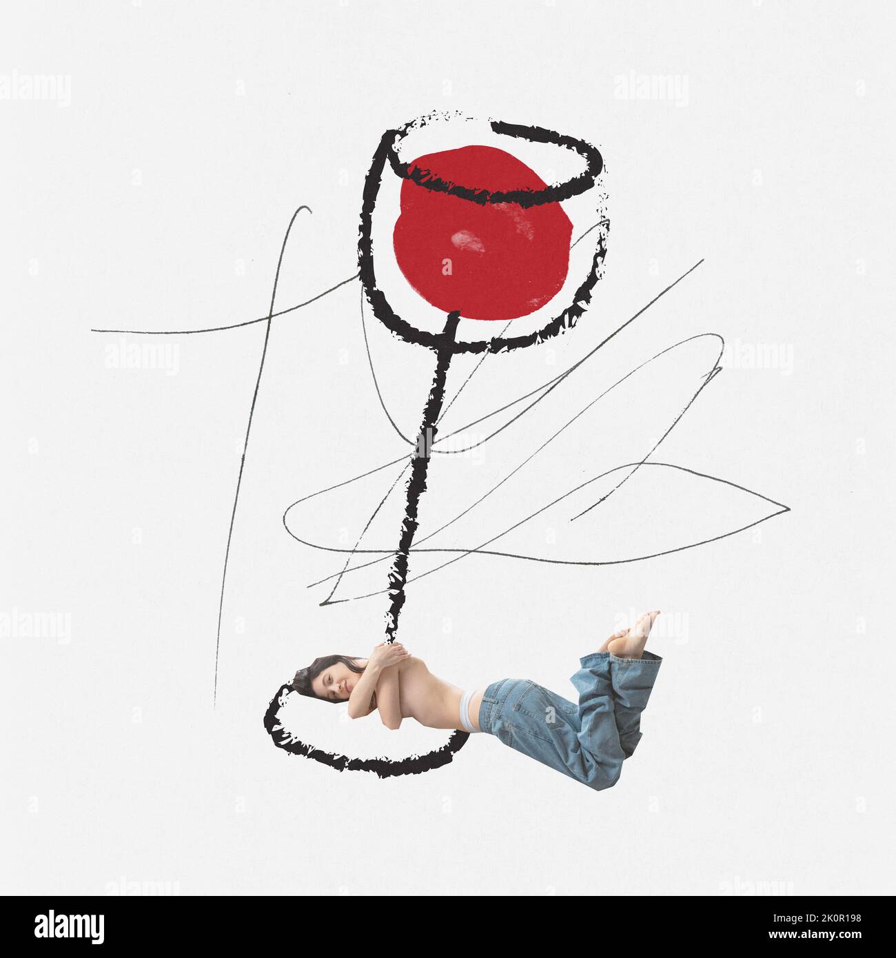 Conceptual design. Young woman lying near red wine glass. Drinking ...