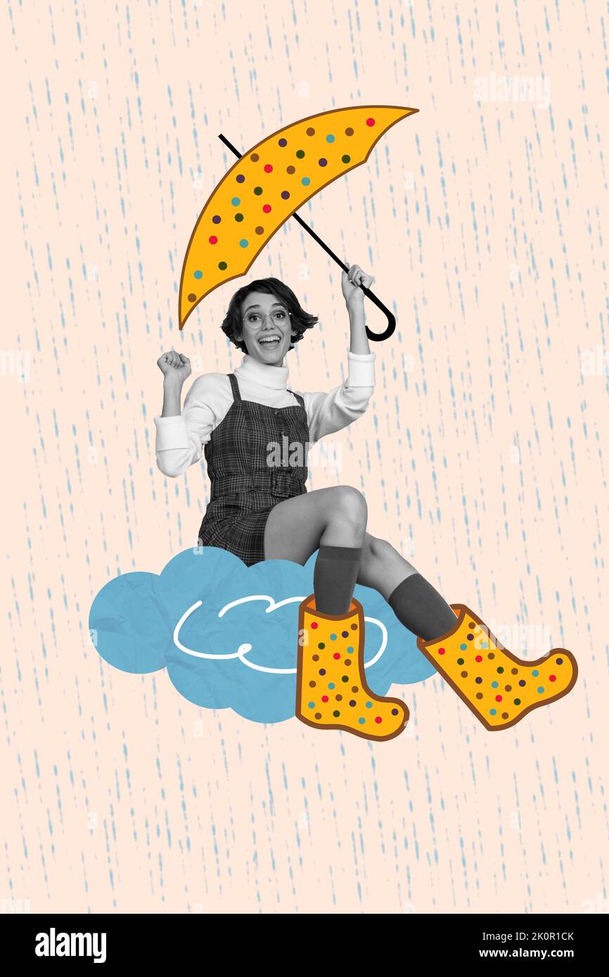 Collage photo of young pretty nice cute girlish lady sitting clouds ...