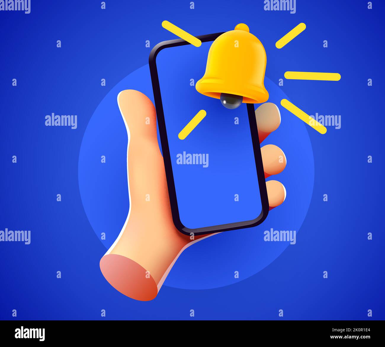 Cute cartoon hand holding mobile smartphone new notification bell ...