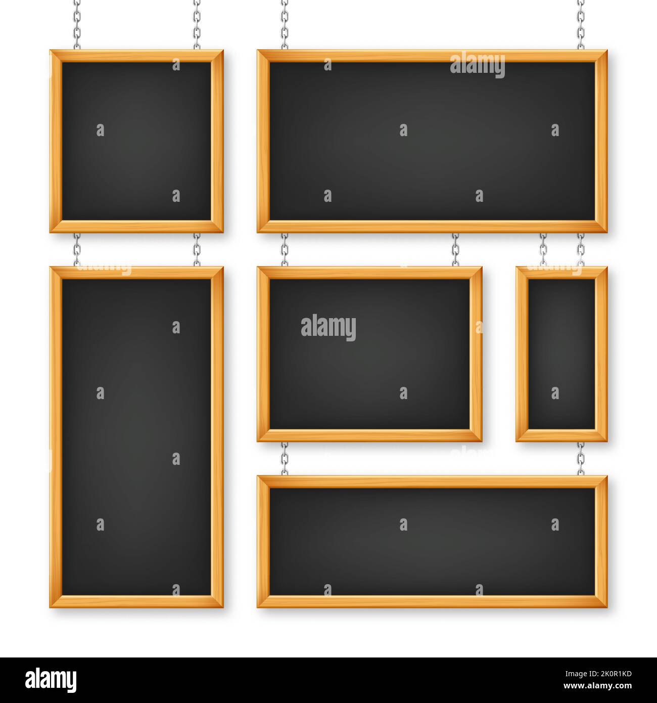 Signboards in a wooden frame hanging on a metal chain. Restaurant menu ...