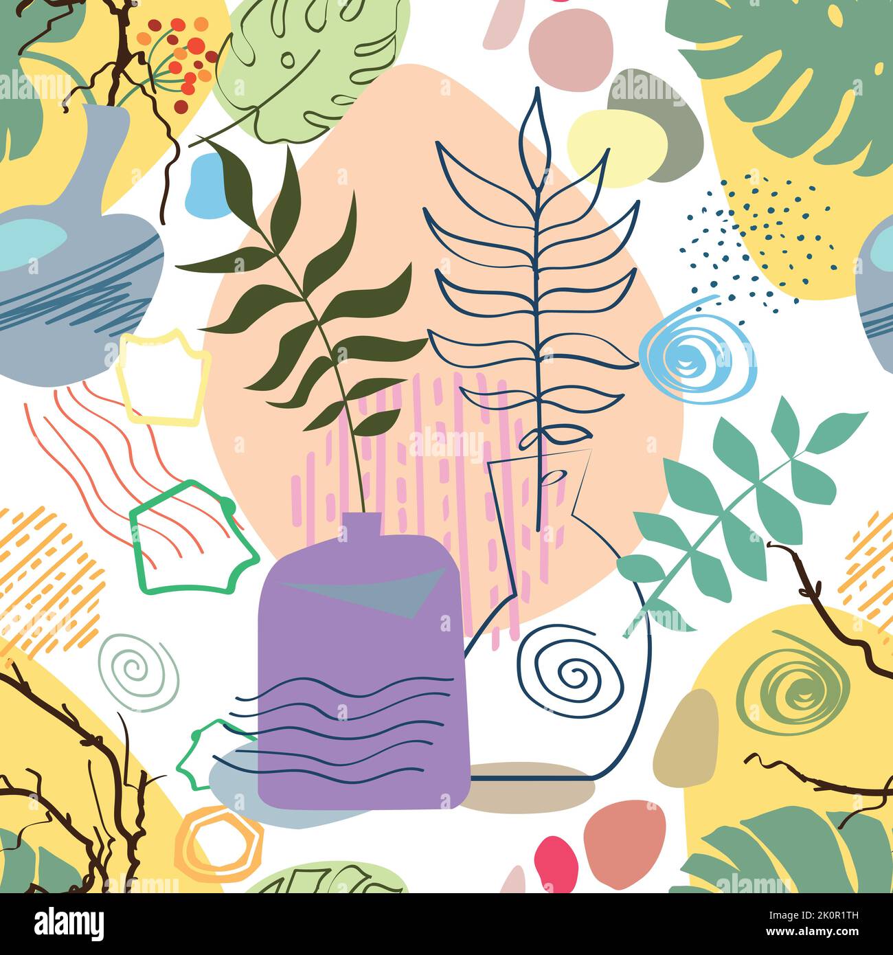 Seamless abstract with vases. Trendy still life collage with pot, plant ...