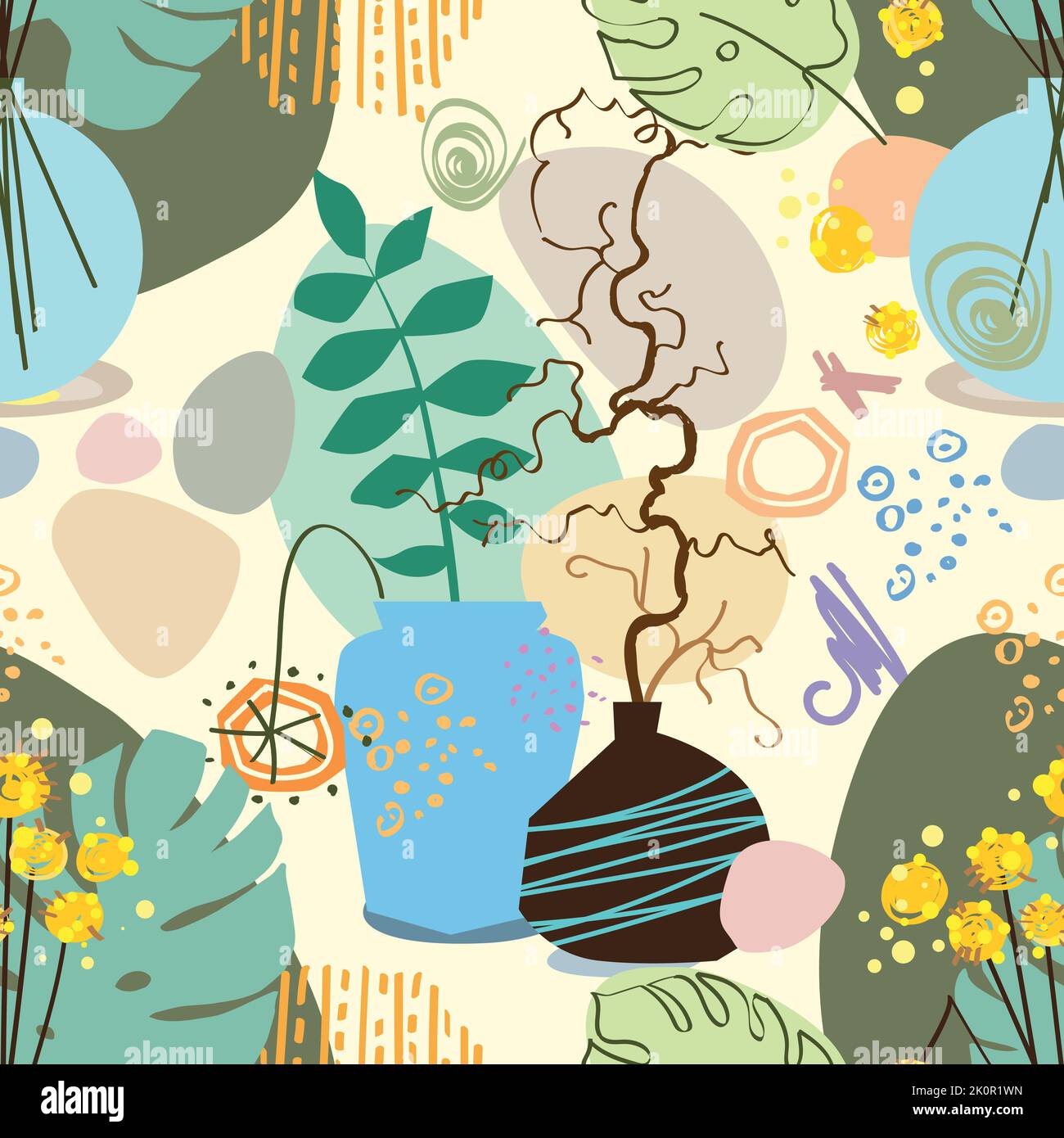 Seamless abstract with vases. Trendy still life collage with pot, plant ...