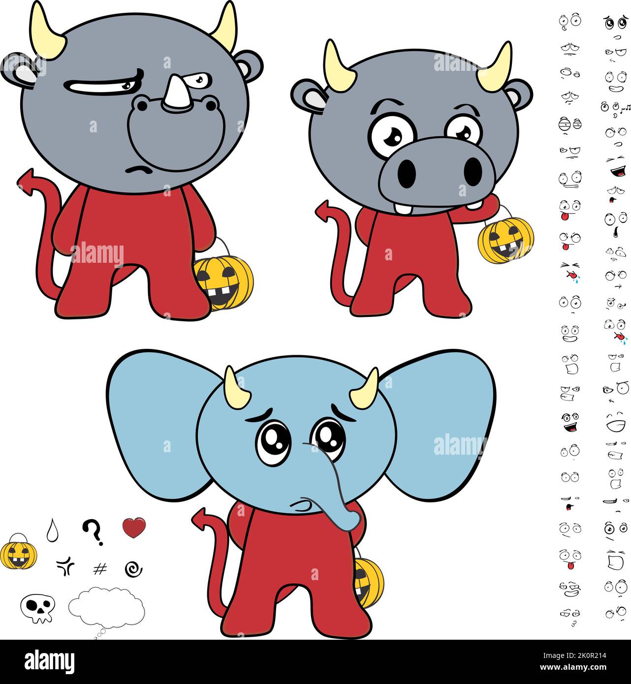 cute halloween animals cartoon expressions set devil costume in vector ...