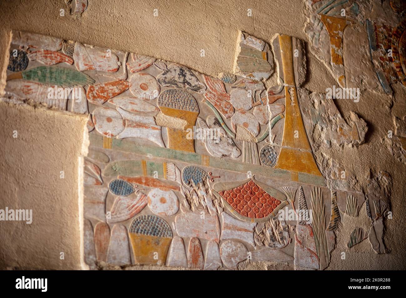 Beautiful mural, hieroglyphs inside the temple of Hatshepsut. Jeser ...
