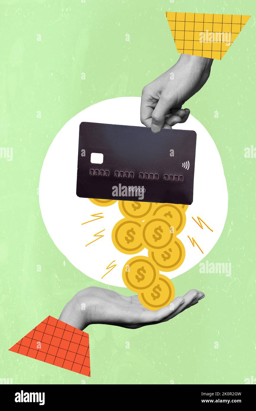 Poster collage of two people buyers paying money from debit card ...