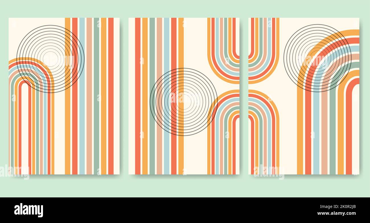Rainbow and circles set in 50's style retro poster. Boho home decor ...