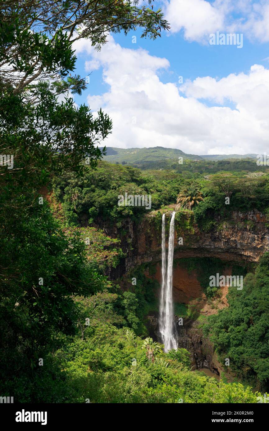 Mauritius. The 90 meter high twin waterfalls of the Cascade Chamarel ...