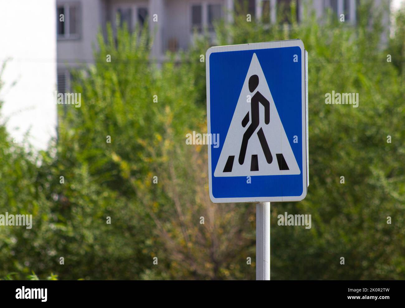 Pedestrian triangle road sign blue background Stock Photo - Alamy