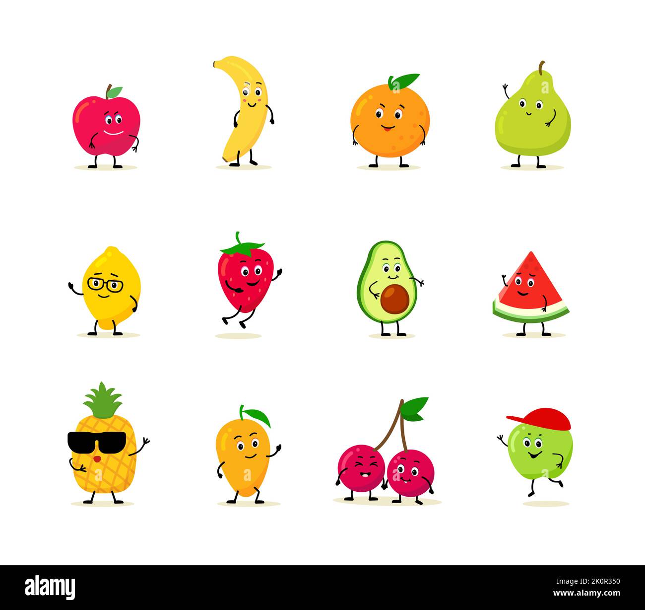 Big set fruits character. banana, cherry, avocado, pear, Orange, apple ...