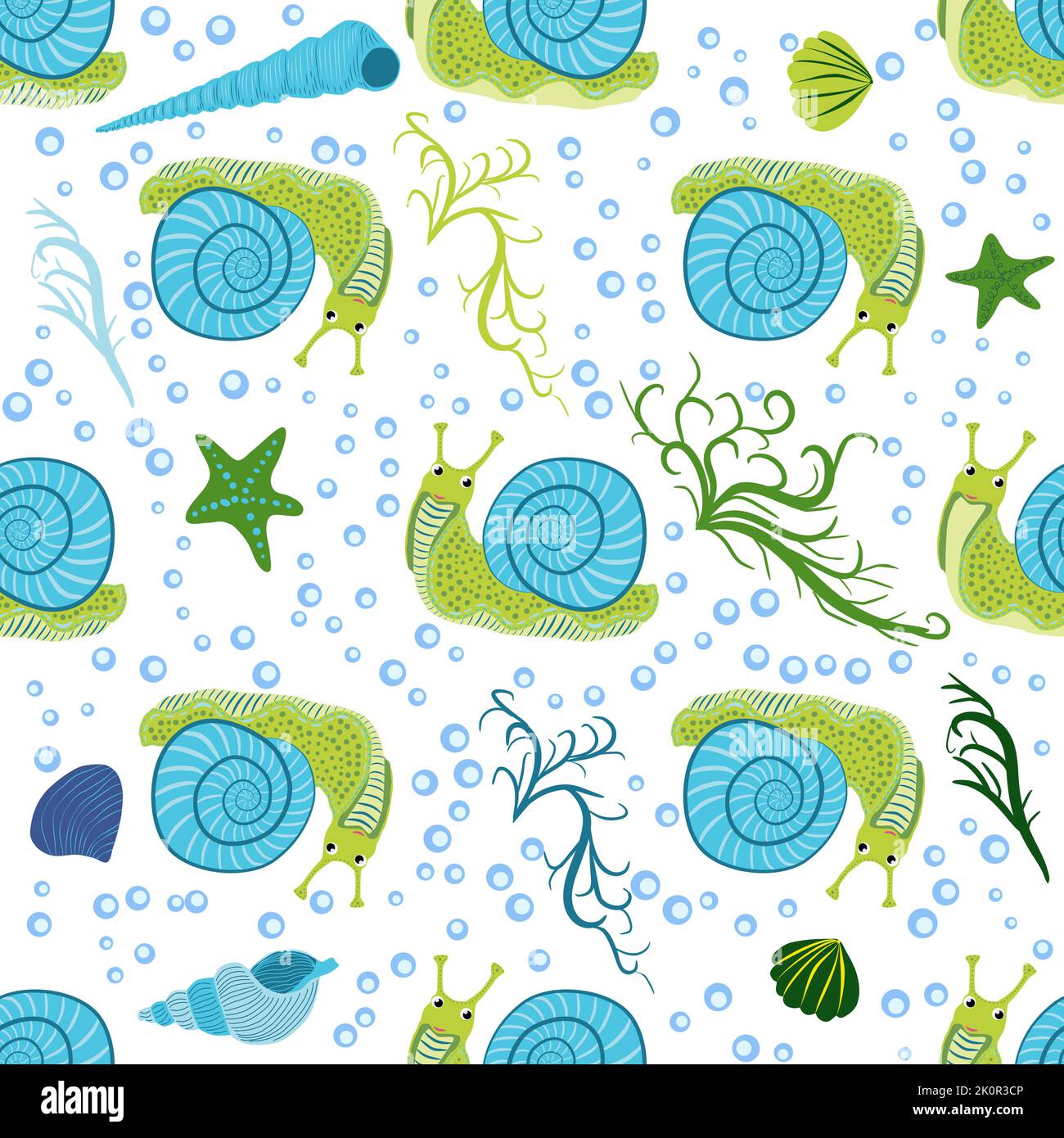 Snail, sea inhabitants seamless pattern, beautiful character among ...