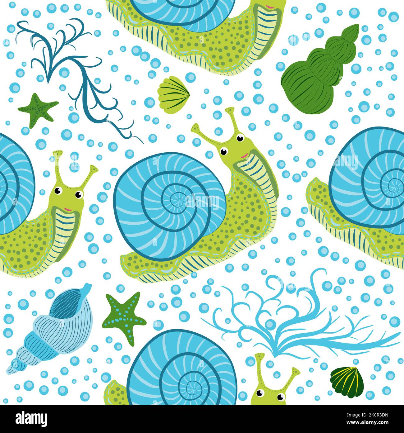 Snail, sea inhabitants seamless pattern, beautiful character among ...