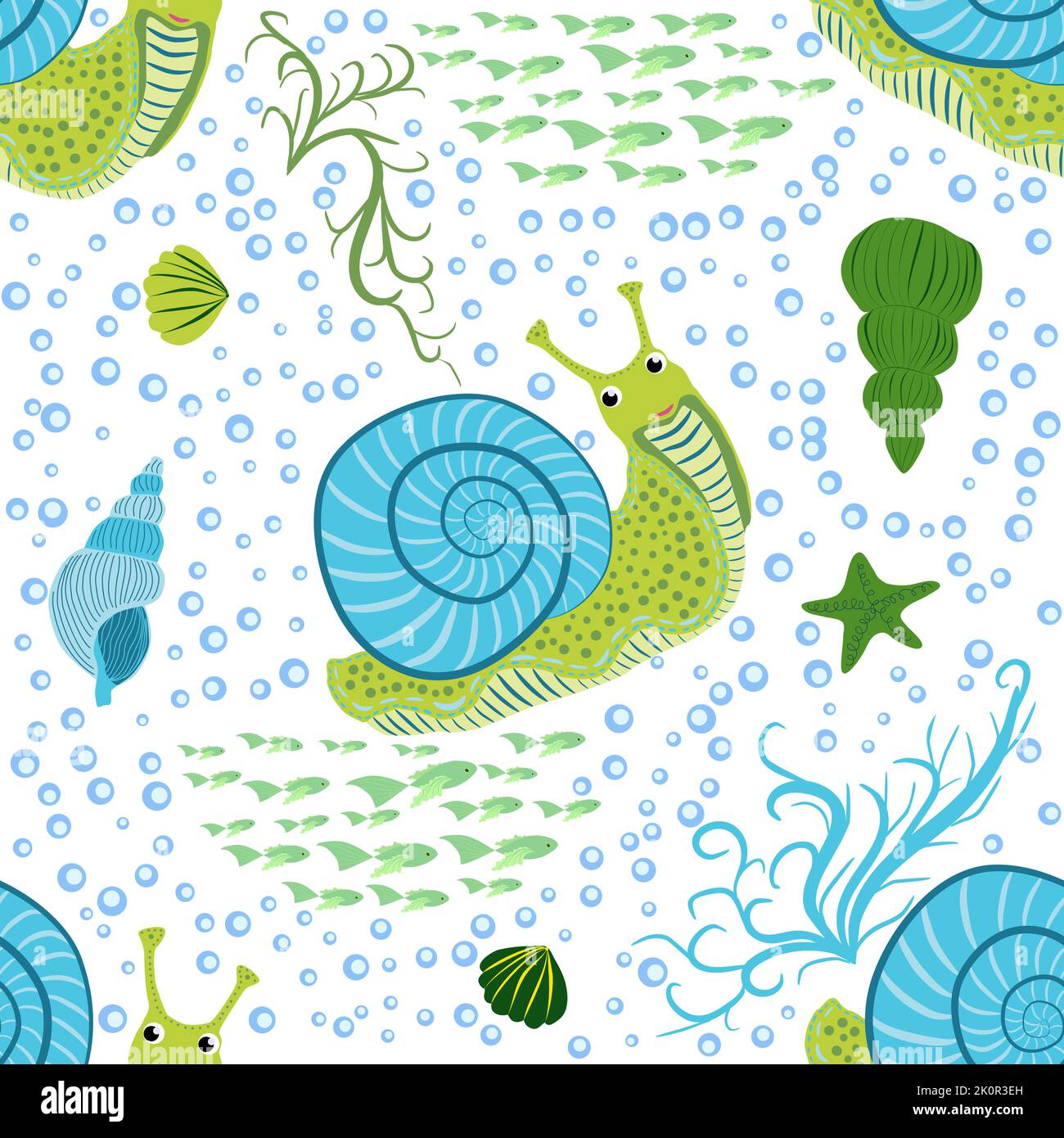 Snail, sea inhabitants seamless pattern, beautiful character among ...