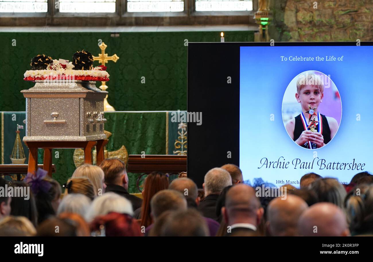 The coffin during the funeral of 12-year-old Archie Battersbee at St ...