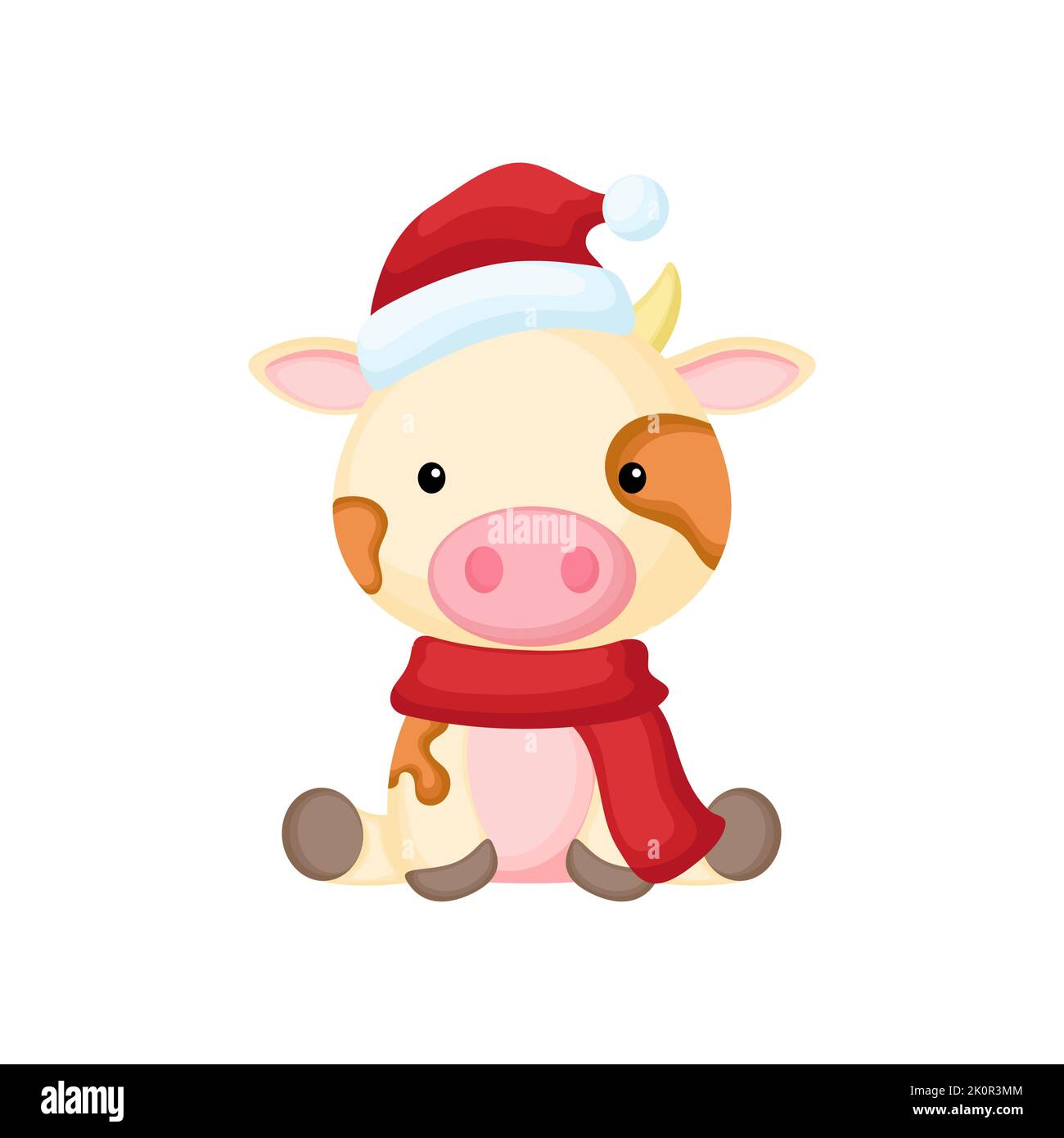 Cute little cow sitting in a Santa hat and red scarf. Cartoon animal ...