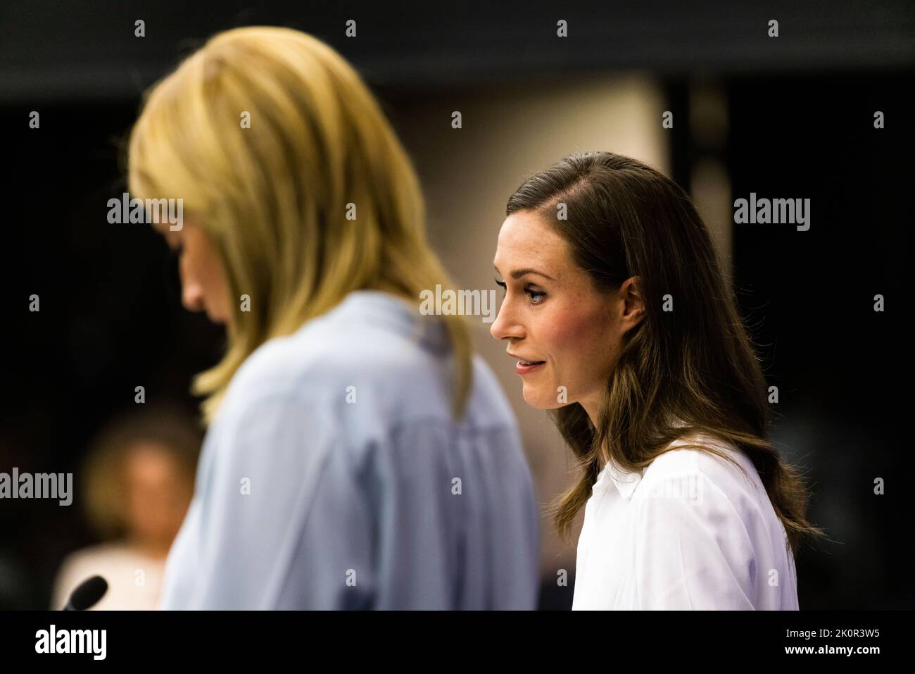13 September 2022, France, Straßburg: Sanna Marin (SDP, r), Prime Minister of Finland, stands ...