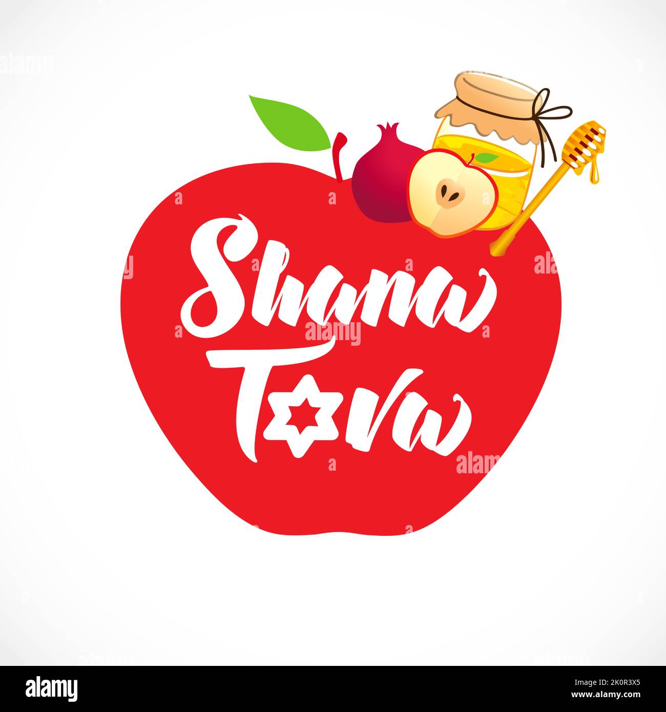 Shana Tova lettering with pomegranate apple and honey. Happy New Year, Jewish holiday Rosh ...