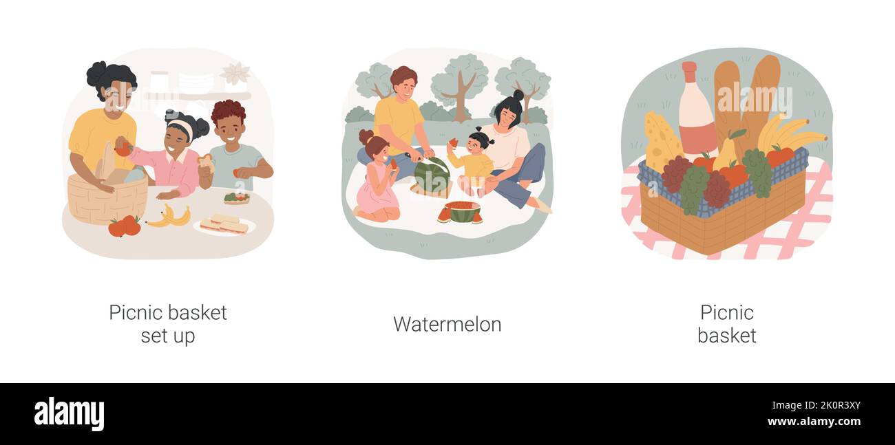 Family picnic isolated cartoon vector illustration set. Picnic basket ...