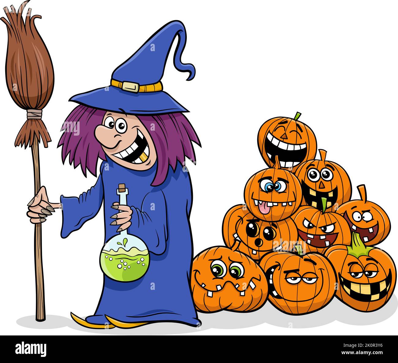 Cartoon illustration of funny witch with broom and pile of Halloween ...