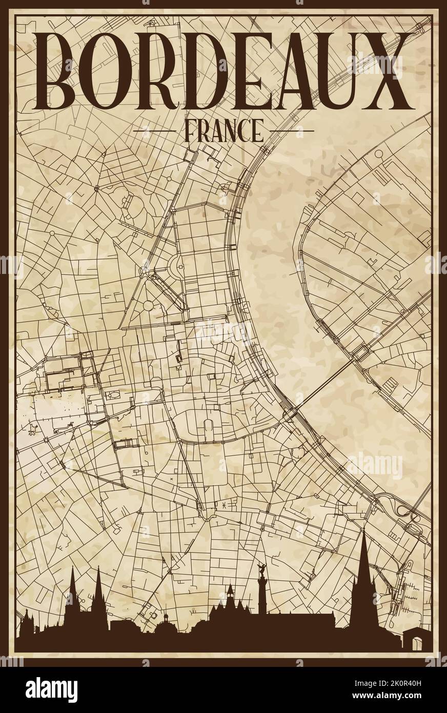 Framed downtown streets network printout map of BORDEAUX, FRANCE Stock ...