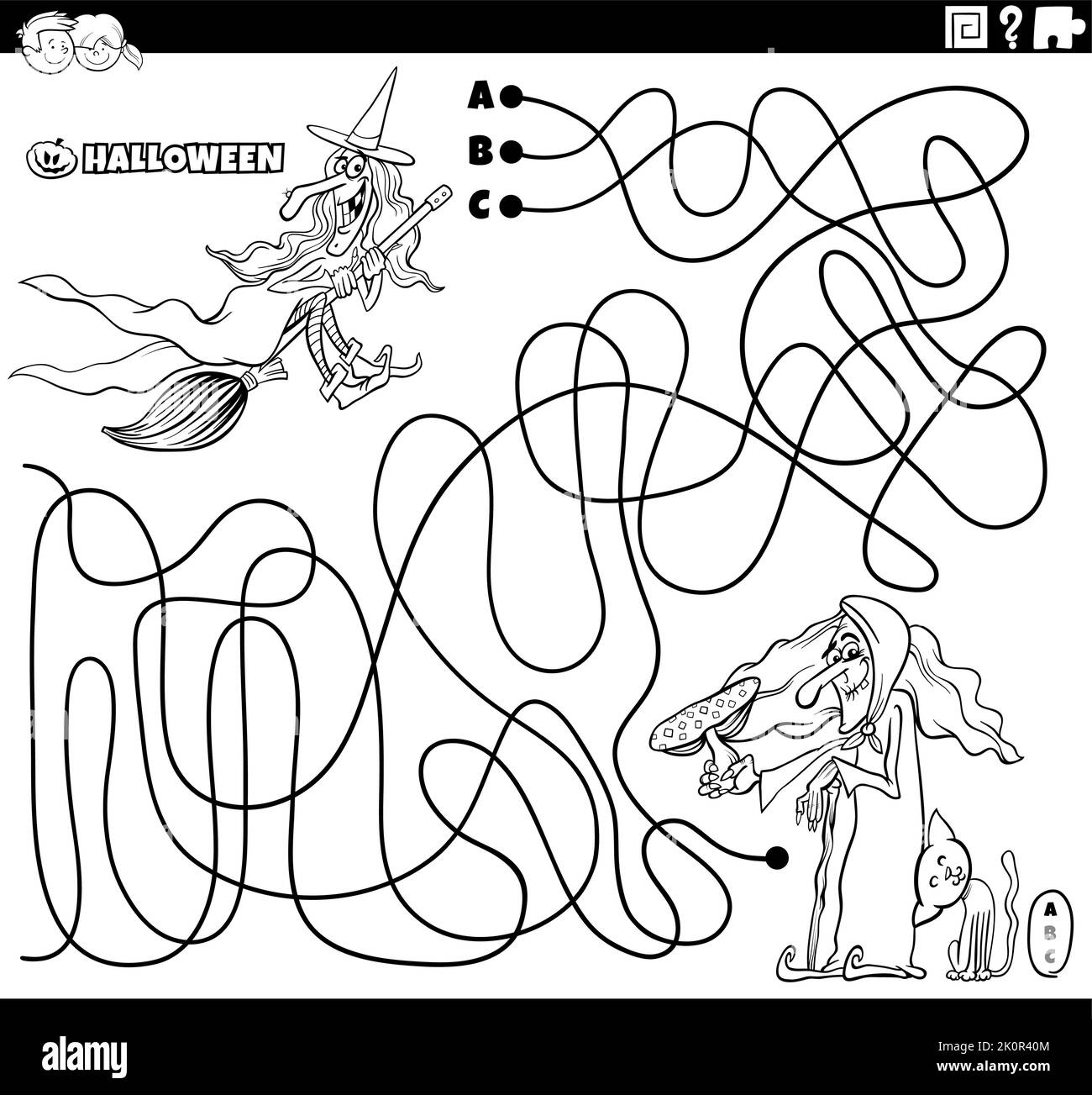 Black and white cartoon illustration of lines maze puzzle with comic ...