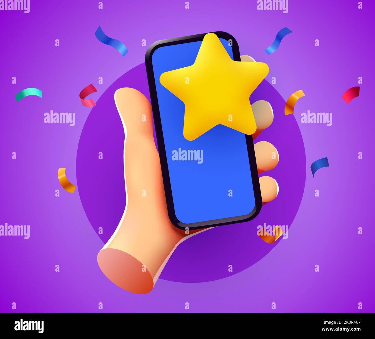 User puts an excellent rating in the mobile application. Cartoon hands ...