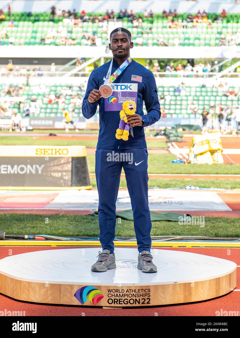 Trayvon Bromell of the USA receives his bronze medal’s for competing in ...