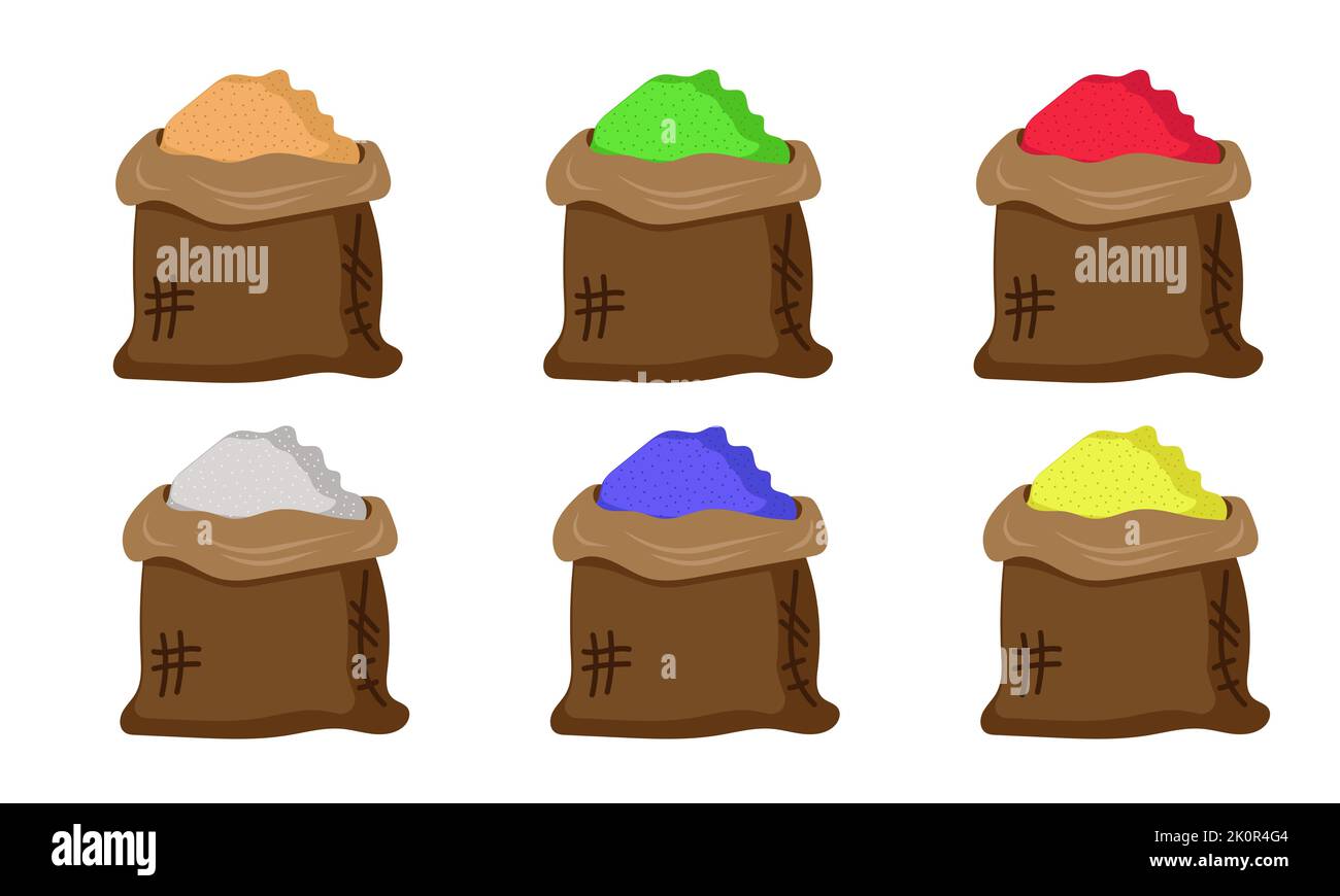A set of sacks with Indian spices of different colors. Ingredients for ...