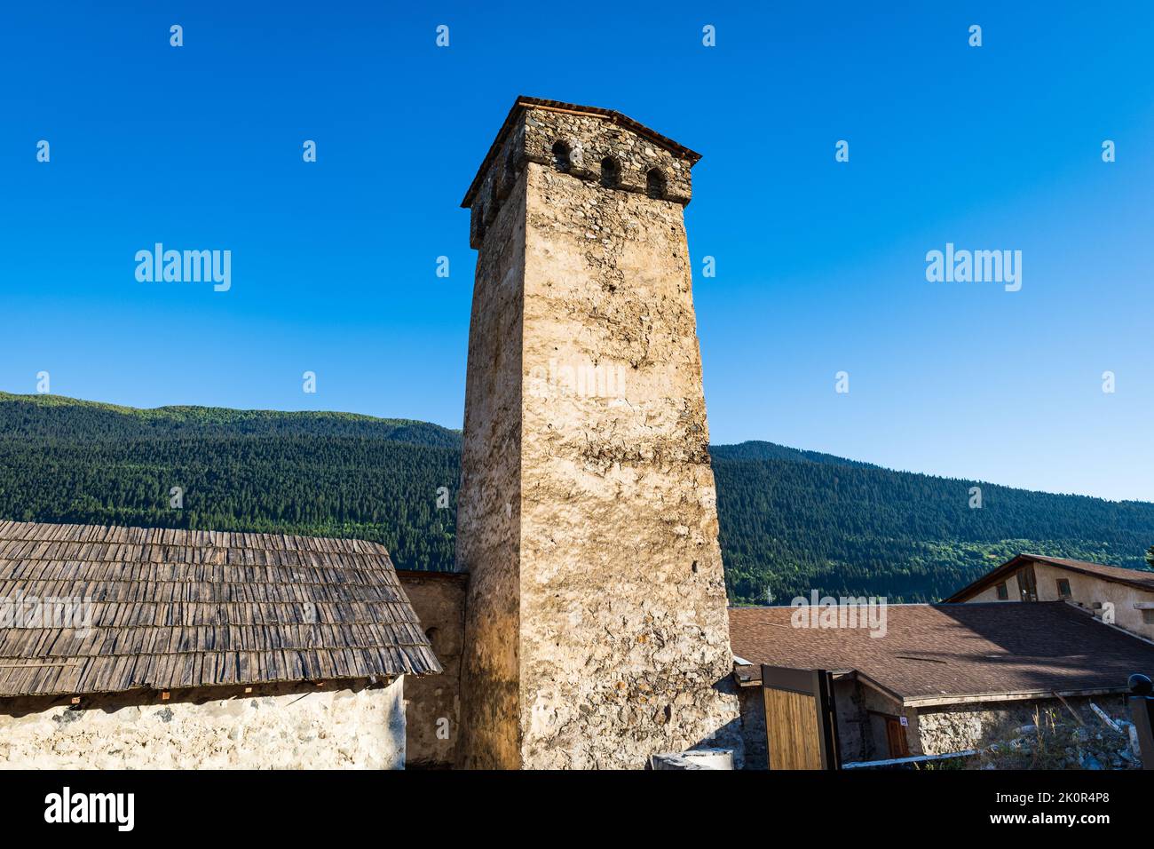 Svan tower in Mestia, Georgia. Traditional Svanetian tower architecture ...