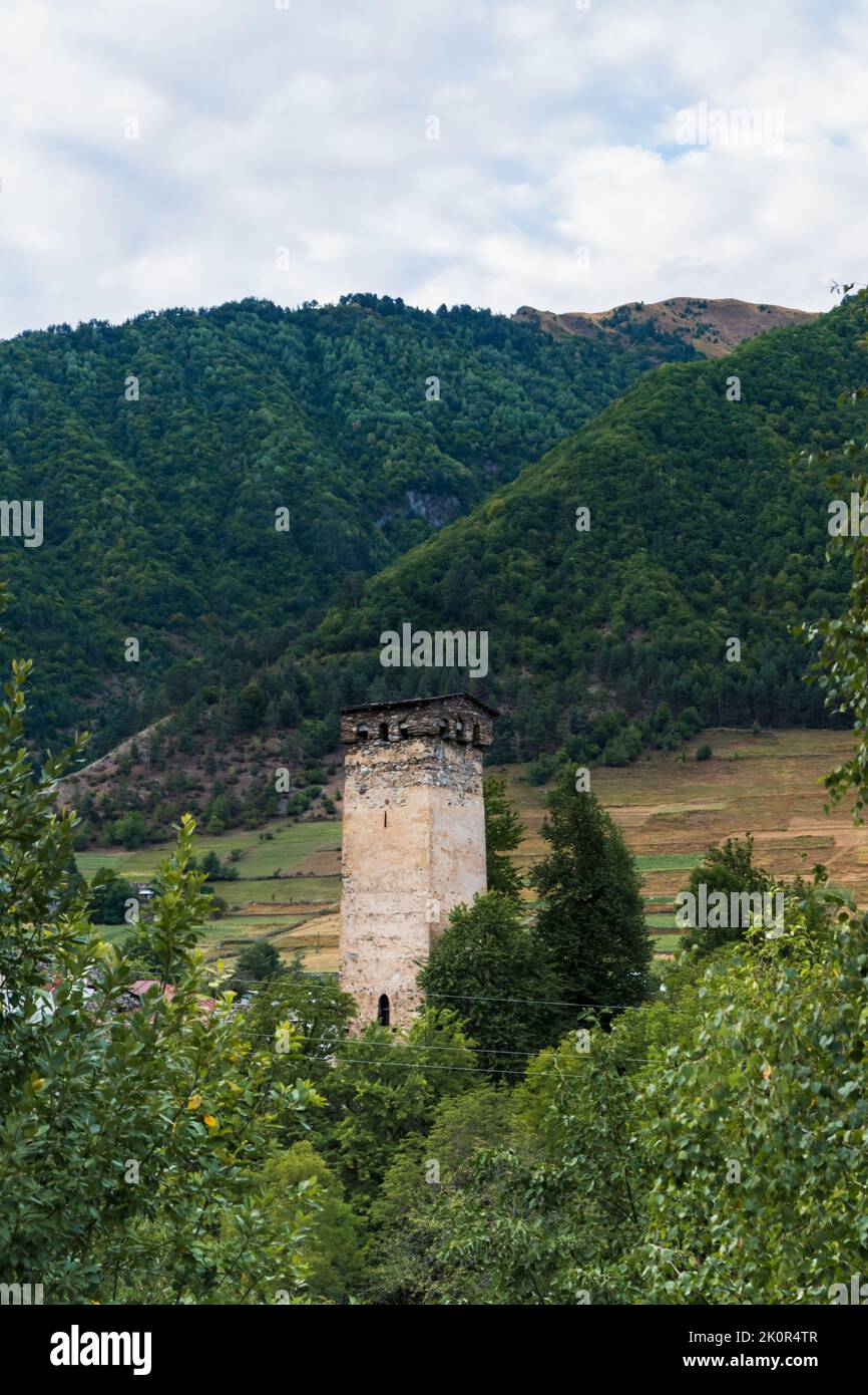 Svan tower in Mestia, Georgia. Traditional Svanetian tower architecture ...