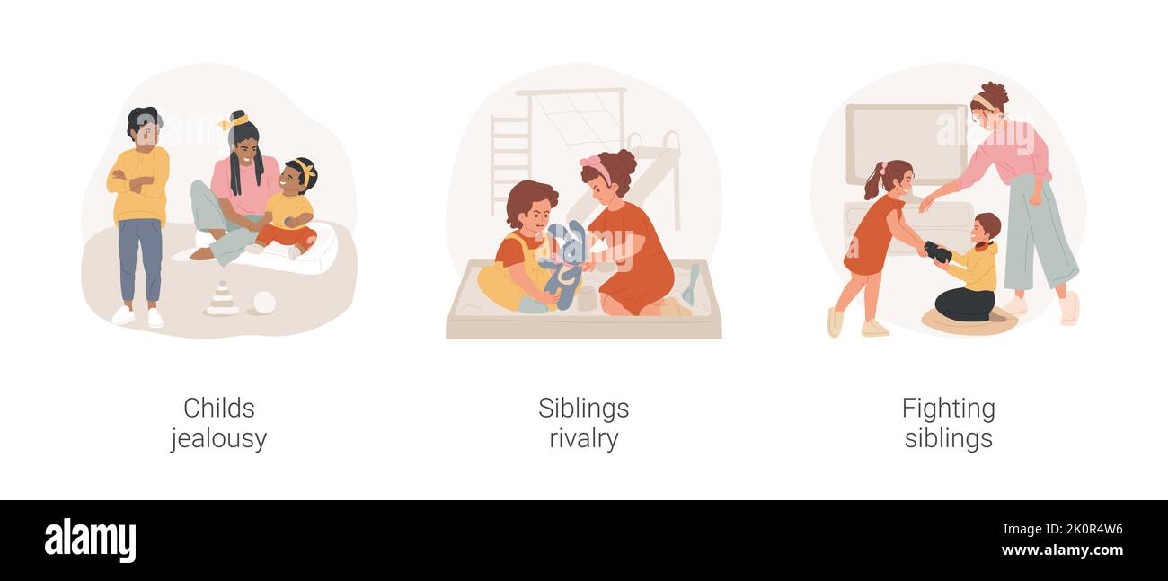 Siblings problems isolated cartoon vector illustration set. Child jealousy, resentful kid, lack ...
