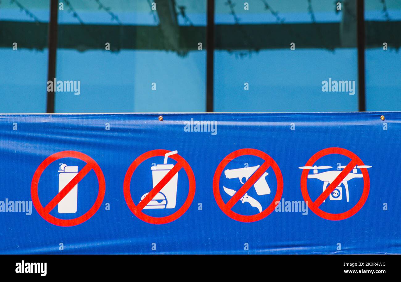 prohibition signs stadium entrance no food no guns no drone Stock Photo ...