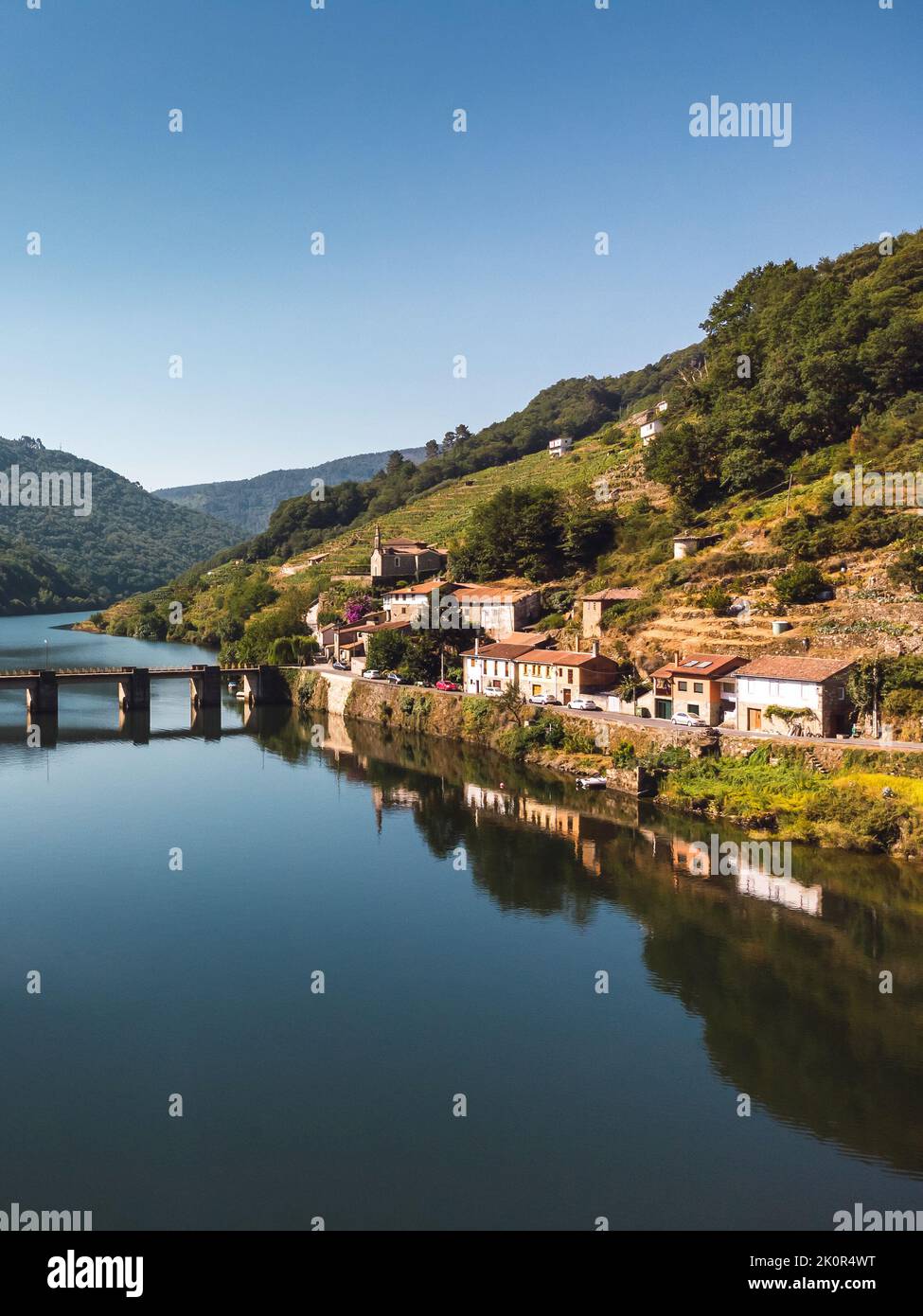 aerial view drone of the port of belesar in Ribeira Sacra, Galicia ...