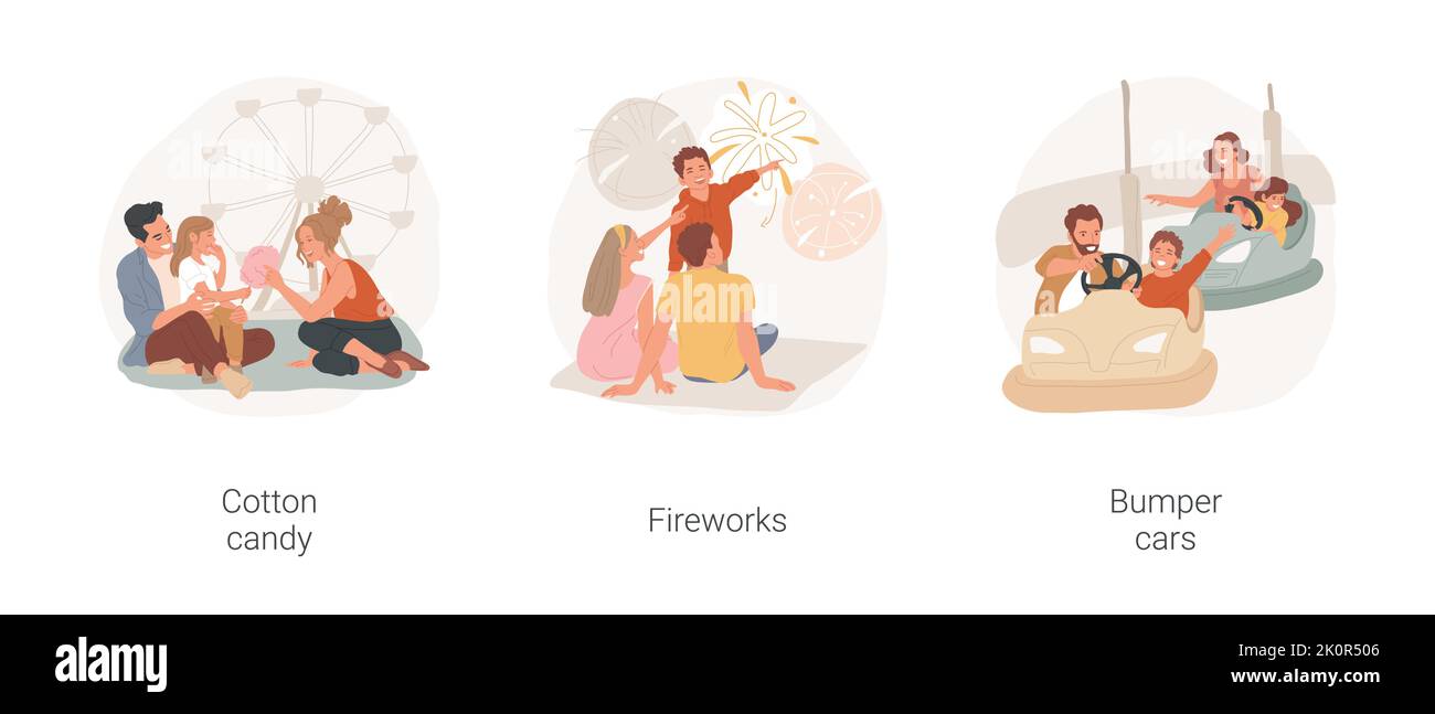 Amusement park visit isolated cartoon vector illustration set. Family ...