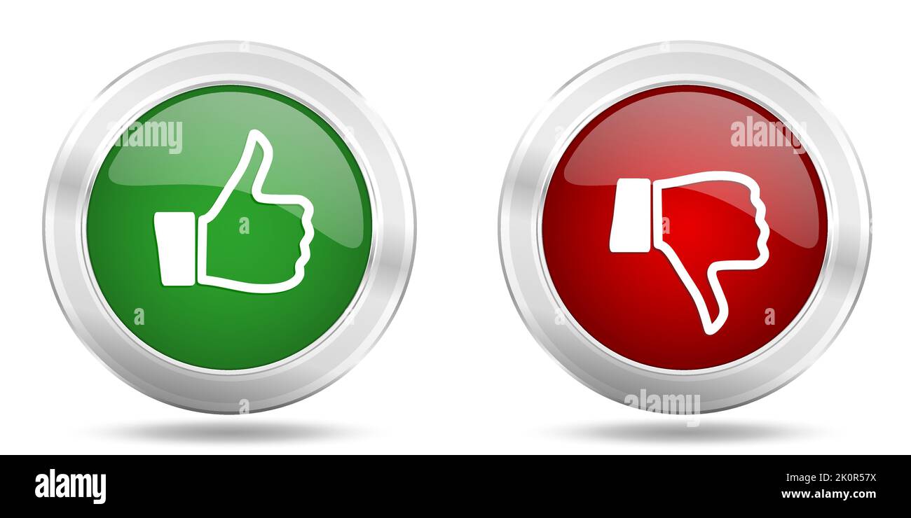 Like and unlike concept web buttons, silver metallic thumb up and down ...