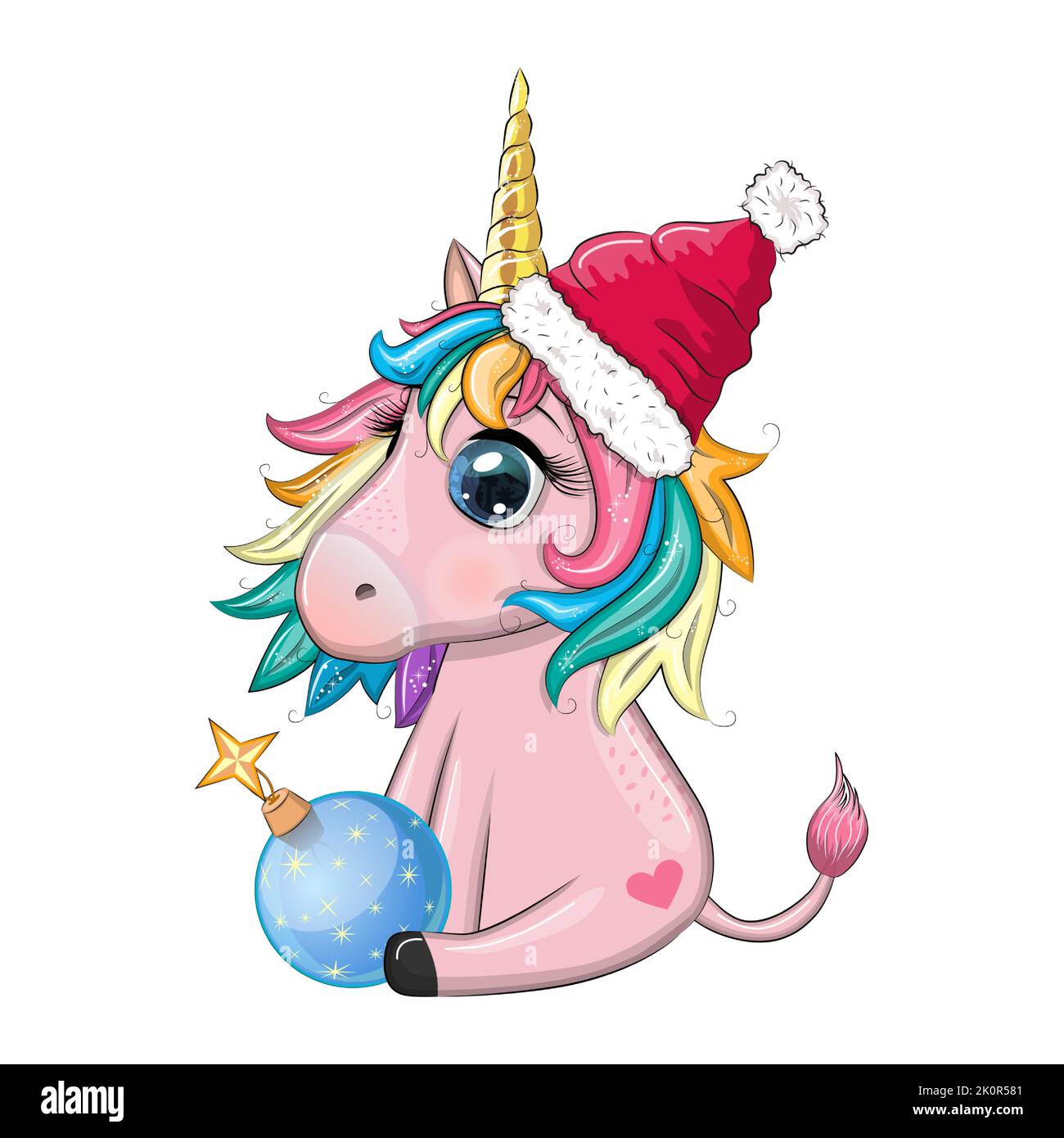Cute cartoon unicorn in santa hat with gift, christmas ball, candy kane ...