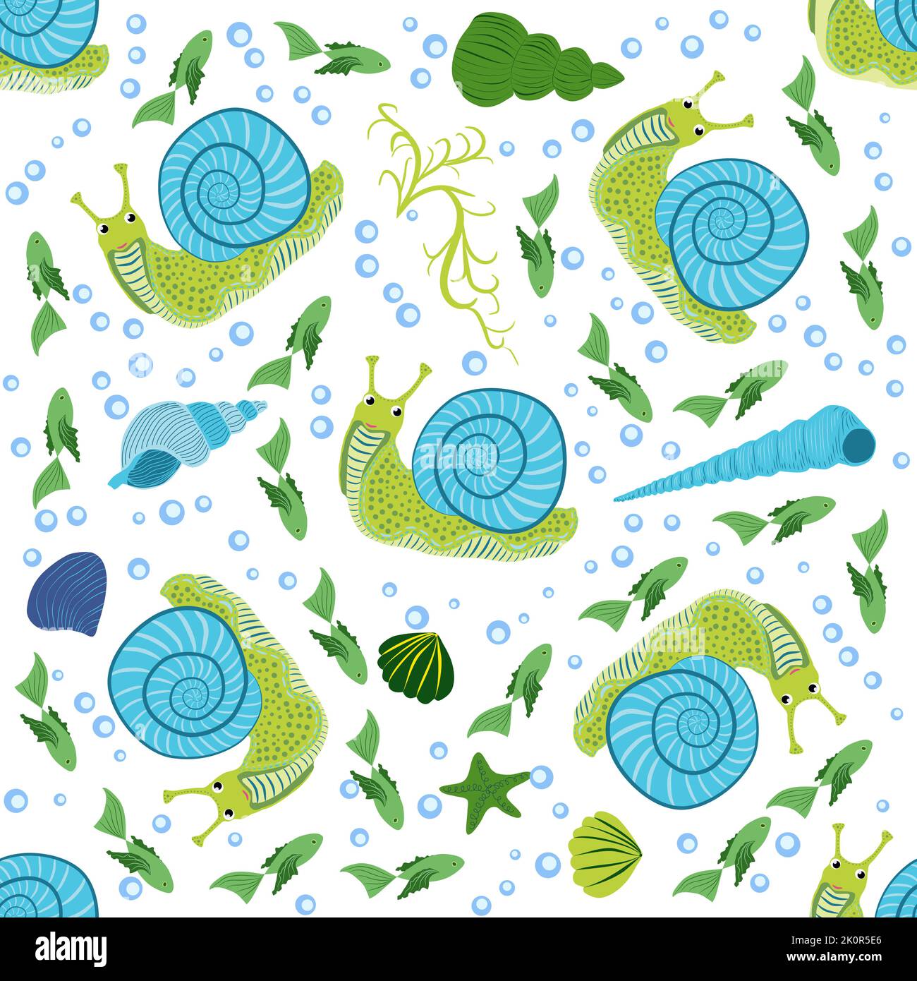 Snail, sea inhabitants seamless pattern, beautiful character among ...