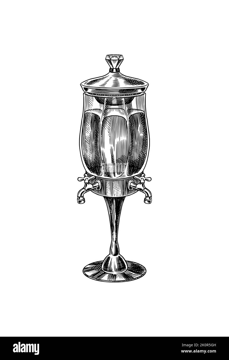 Absinthe fountain. Label for retro poster or banner. Engraved hand ...