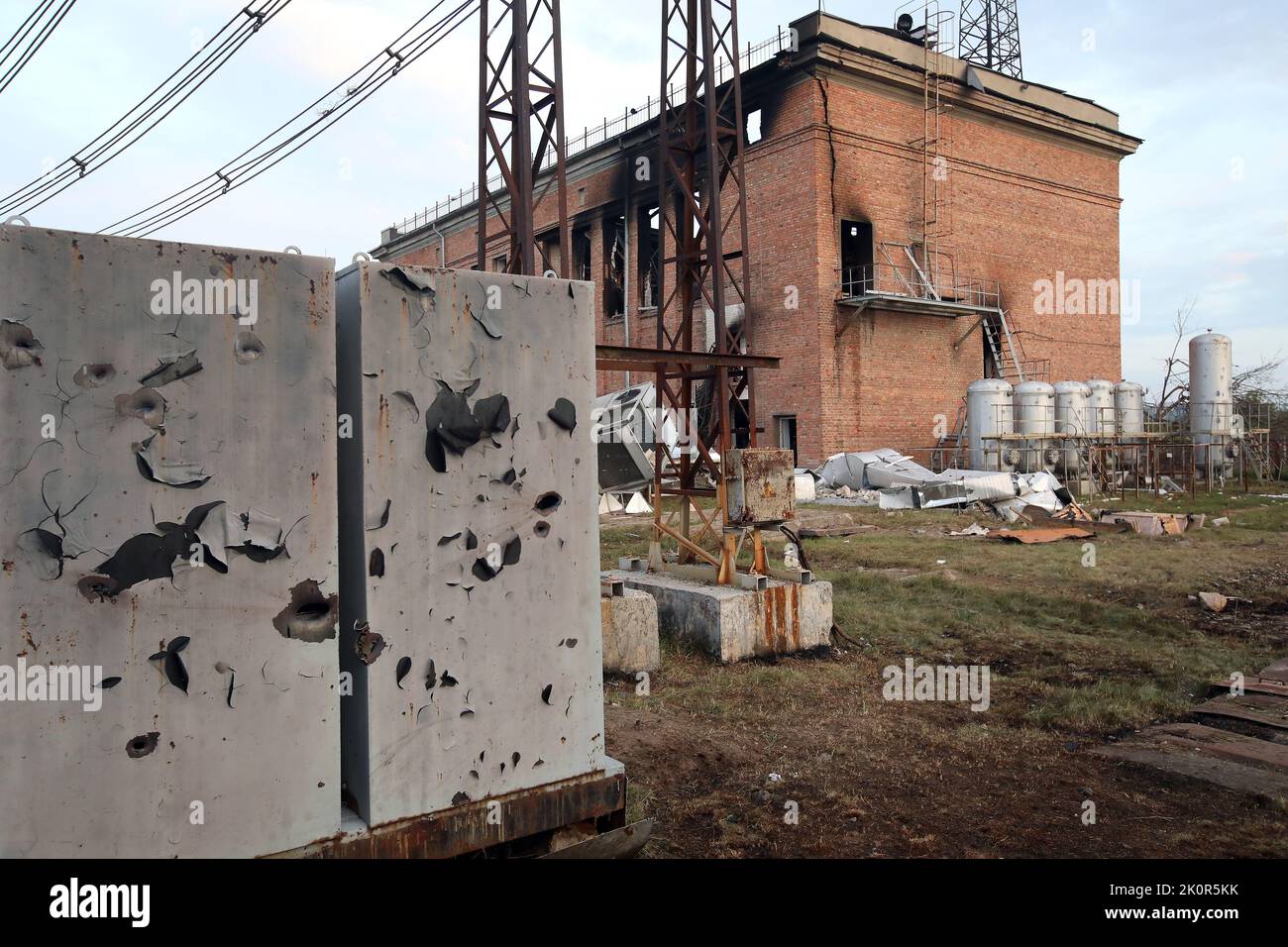 KHARKIV, UKRAINE - SEPTEMBER 12, 2022 - Electrical substation destroyed ...