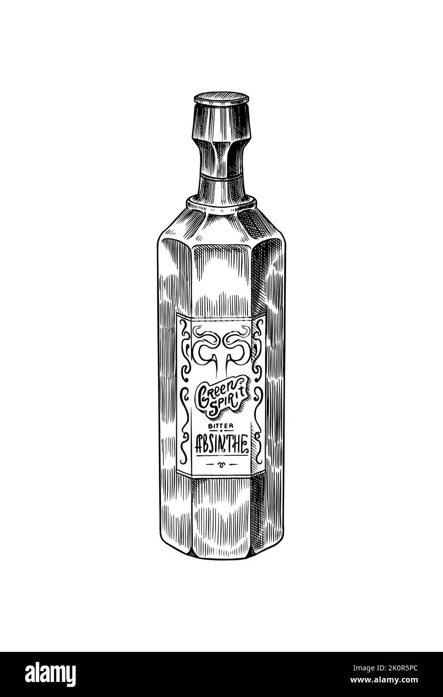 Bottle of Absinthe. Label for retro poster or banner. Engraved hand ...