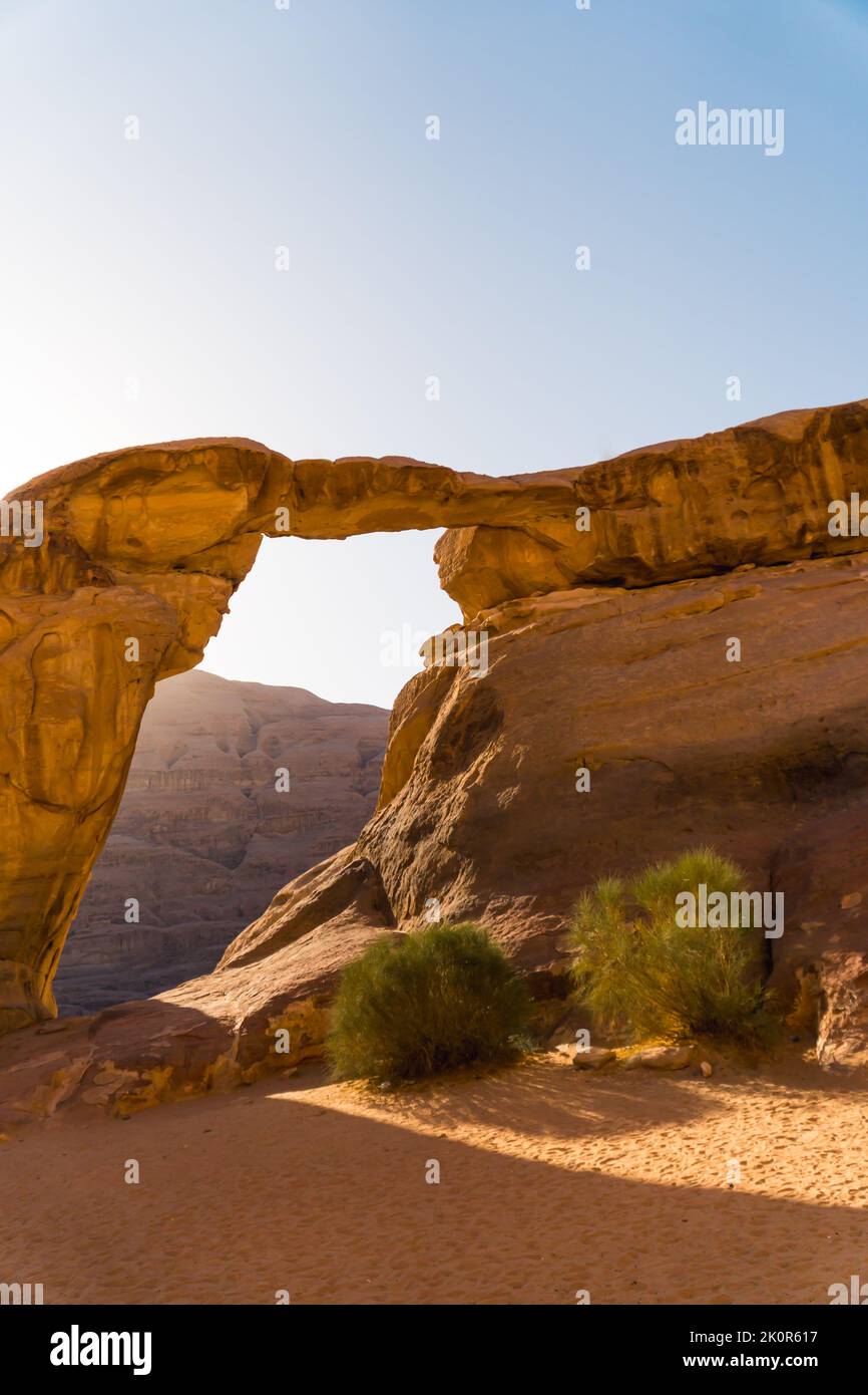 an interesting place with a rock arch in wadi rum desert in Jordan ...