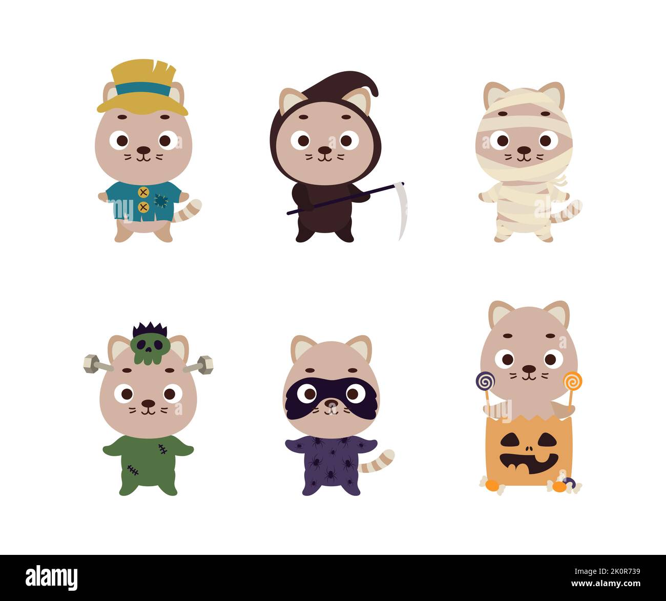 Cute Halloween cat set. Cartoon animal character collection for kids t ...