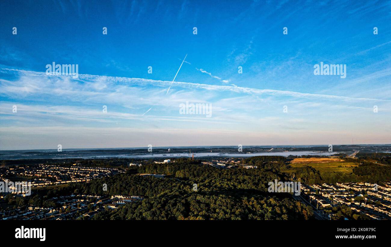 An aerial view of the blue sunset cloudscape over Kitchener city in ...