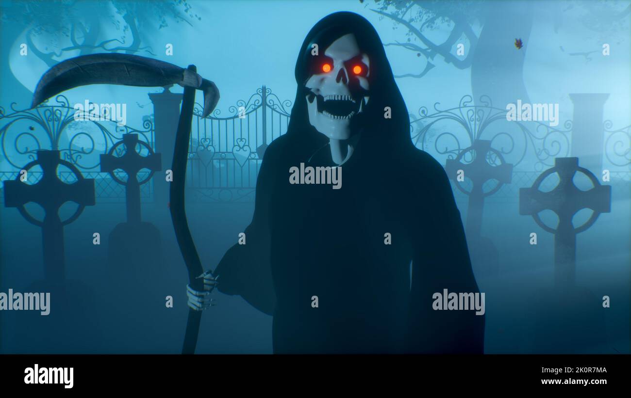 Death with a scythe, Gream Reaper, with red burning eyes in a cemetery ...