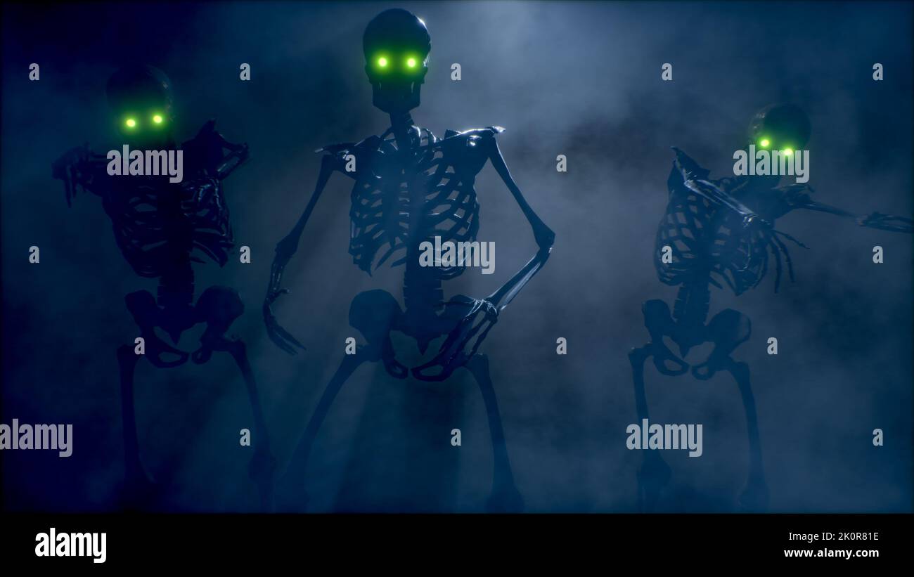 Scary skeleton with glowing eyes attacking. Halloween concept. 3D ...