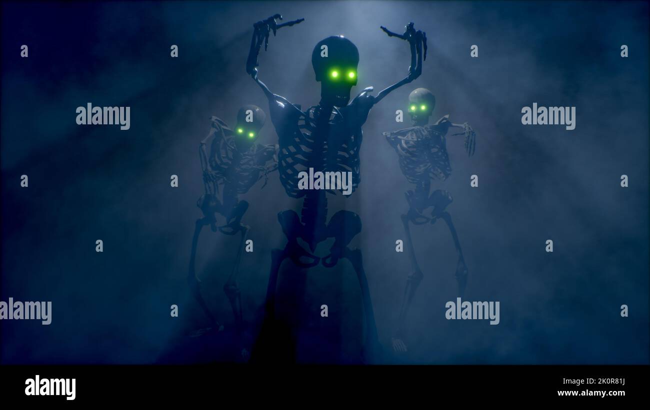 Scary skeleton with glowing eyes attacking. Halloween concept. 3D ...