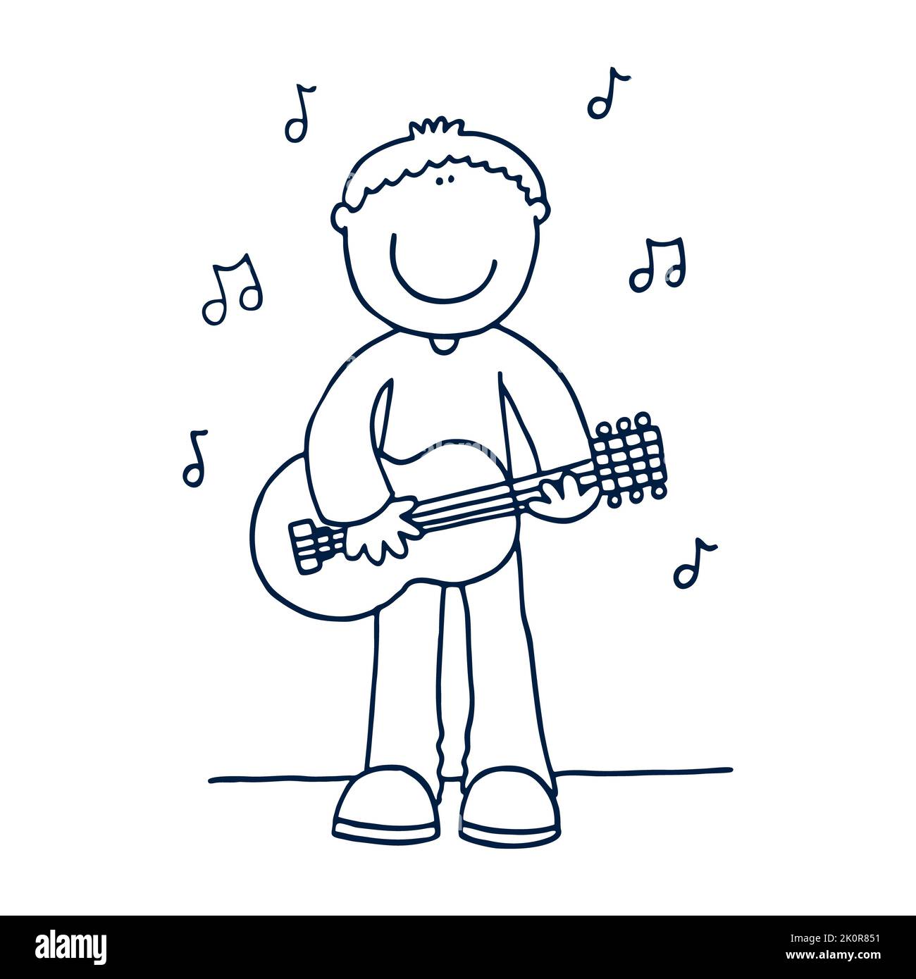 Boy guitar player flat illustration. Smiling teenager holding electric ...
