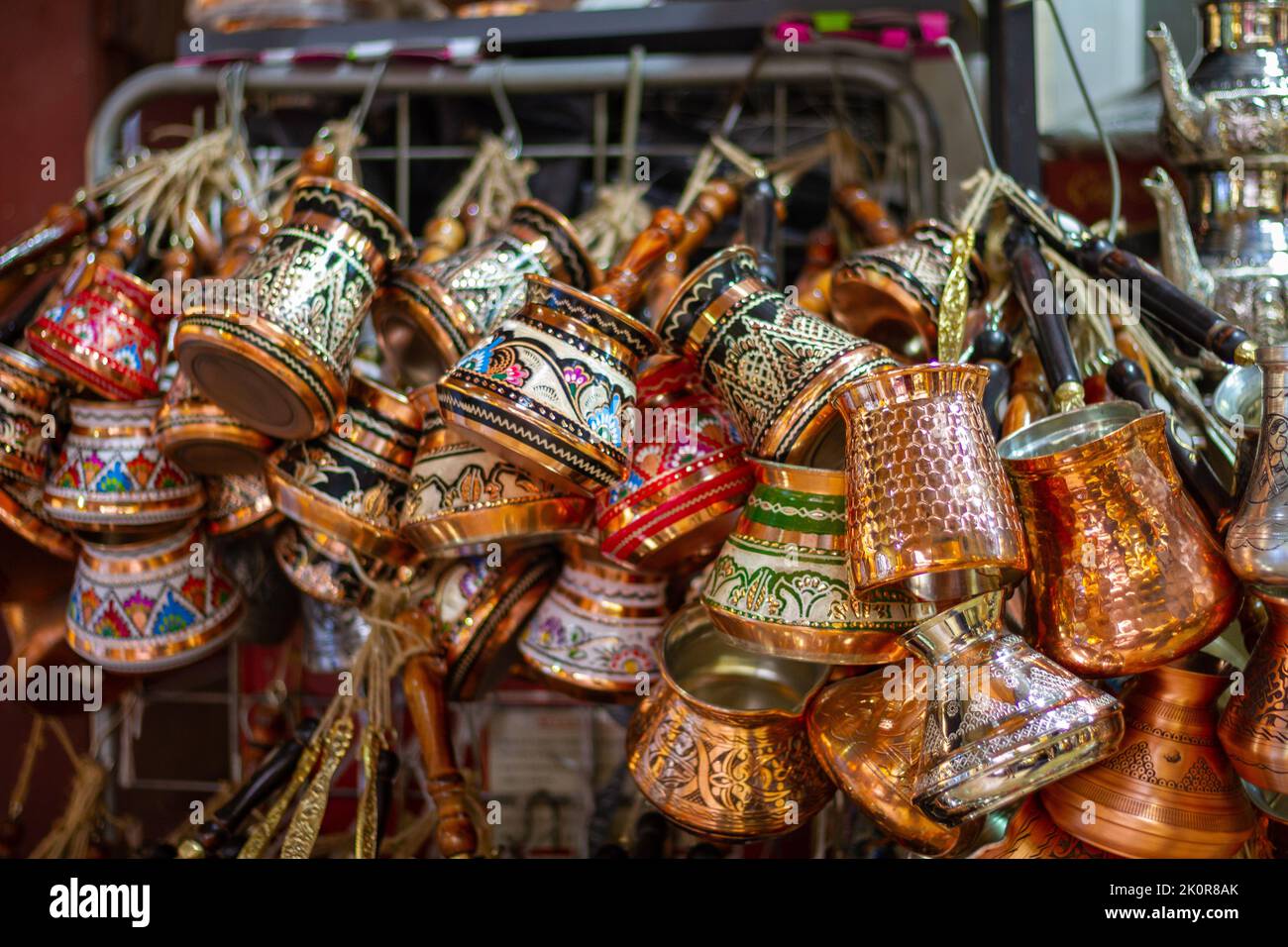 The Turkish traditional coffee pots in Great Bazaar in Istanbul, Turkey ...