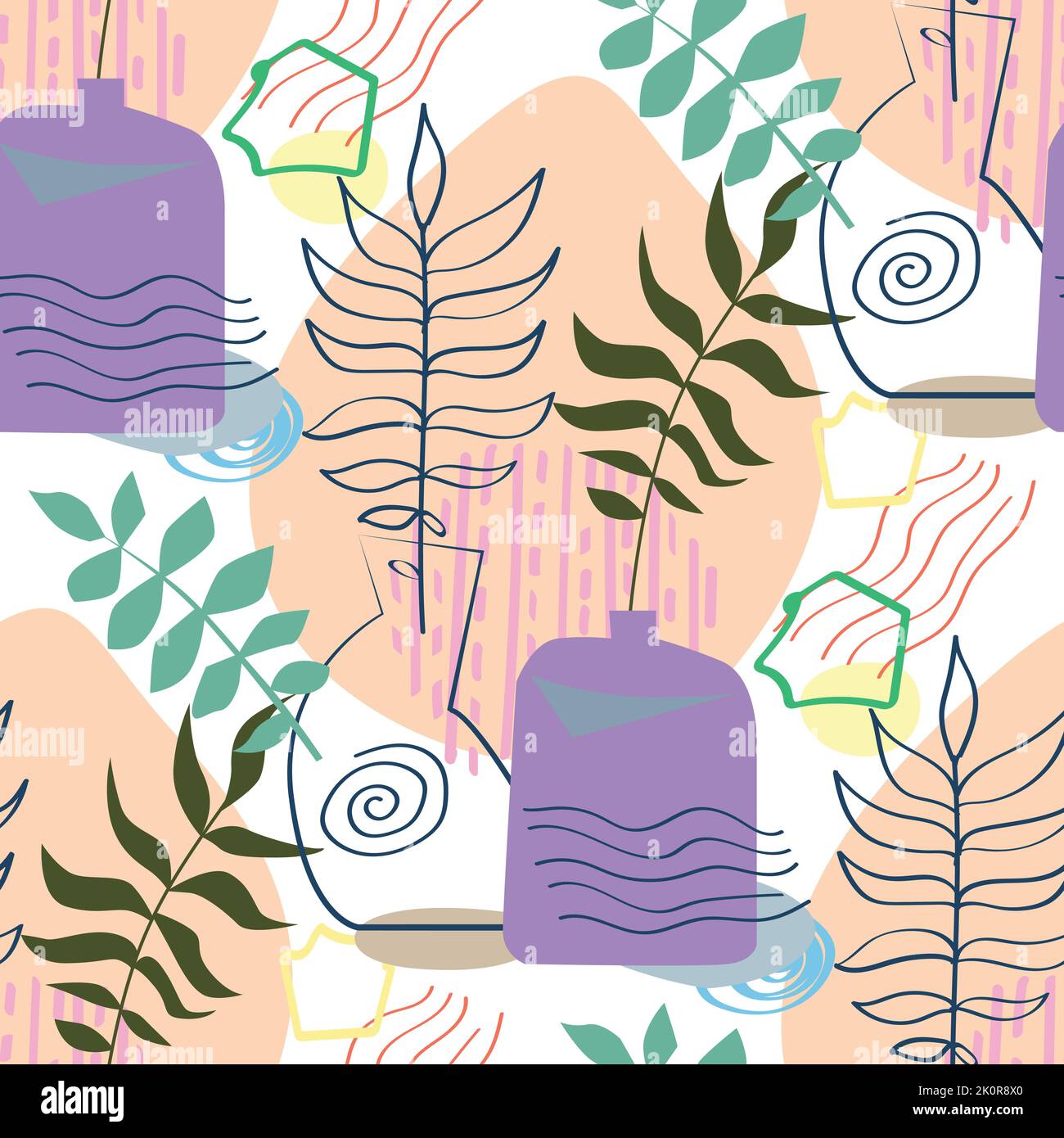 Seamless abstract with vases. Trendy still life collage with pot, plant ...