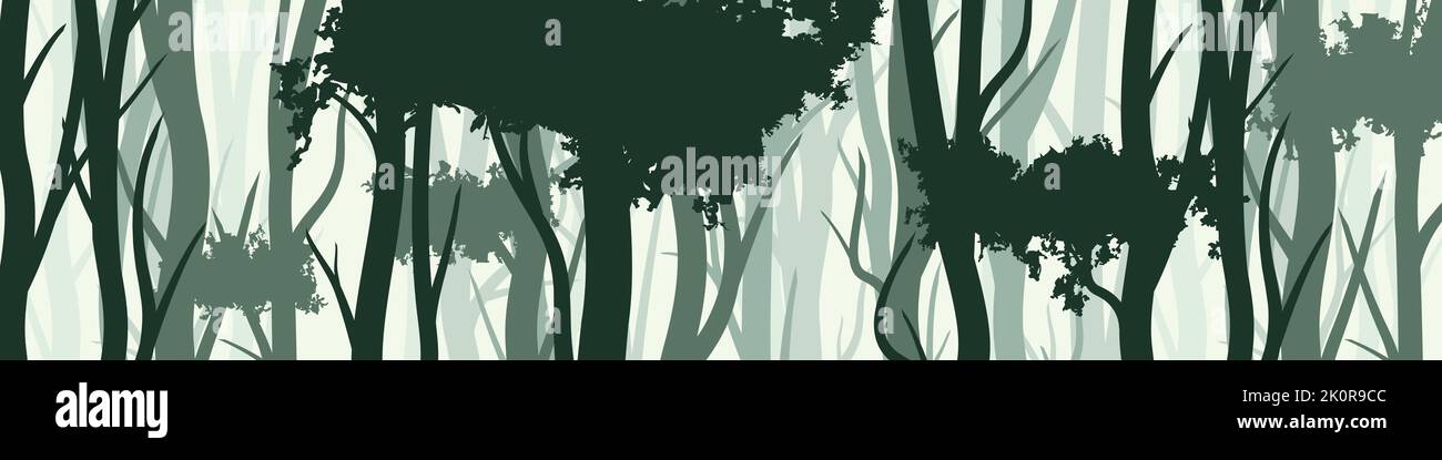 Wild forest with various coniferous or deciduous trees. Wide horizontal ...