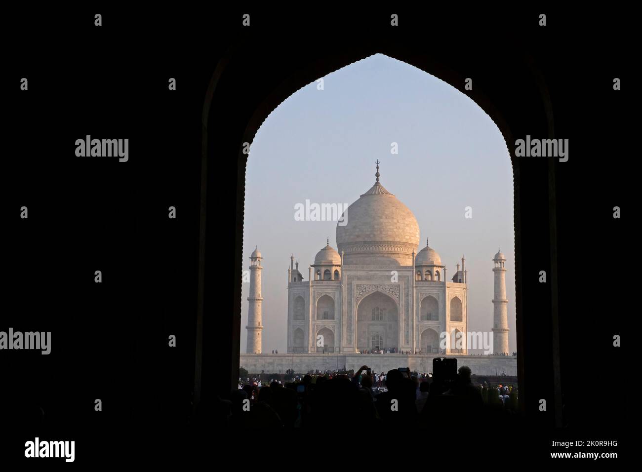 view on Tah Mahal complex in Agra through frame of entrance Stock Photo ...